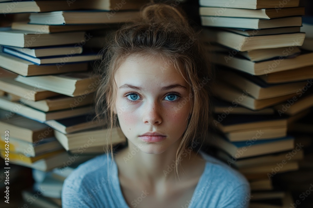 Girl balancing pile of books on head surrounded by exam questions in ...