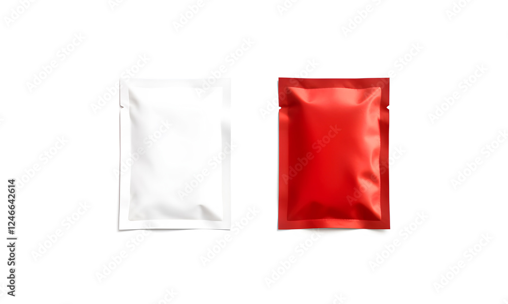 Blank red catsup and white sachet packet mockup, isolated, top view, 3d ...
