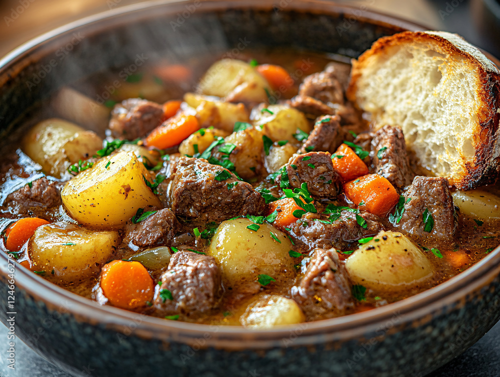 bowl of hearty beef stew topped with herbs and a side of crusty bread ...