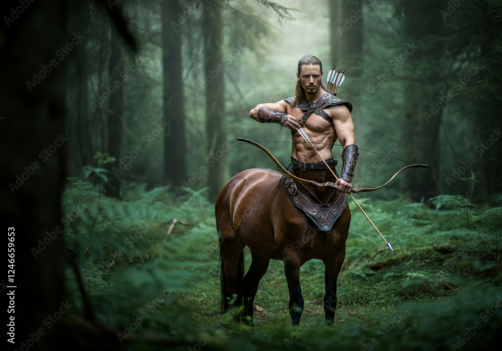 Mythical centaur archer in enchanted forest holding bow and arrows ...