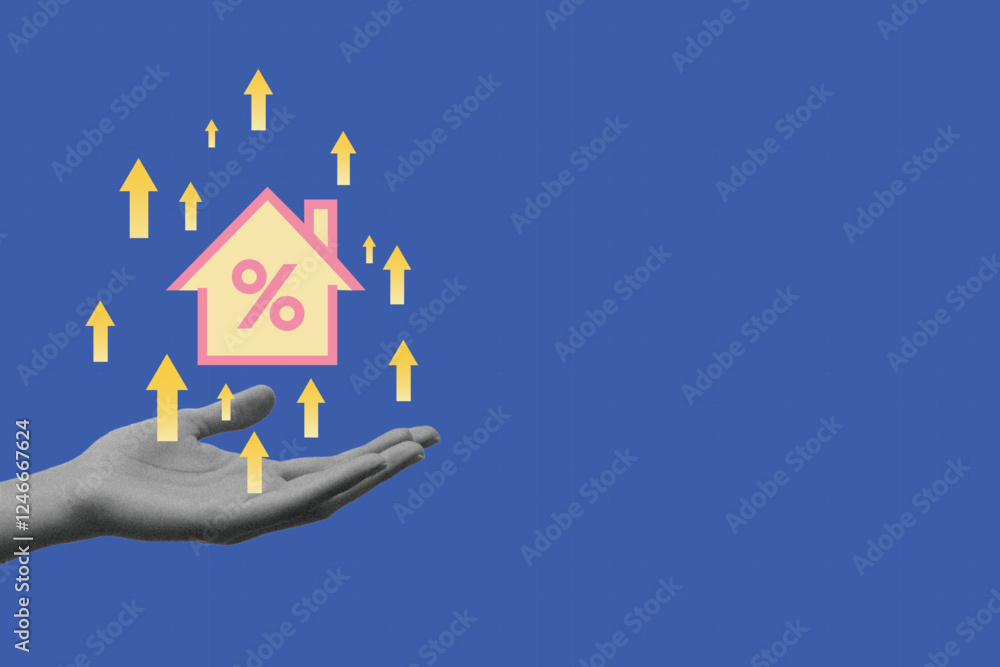trendy collage design Hand holding houses with percentage signs growth ...