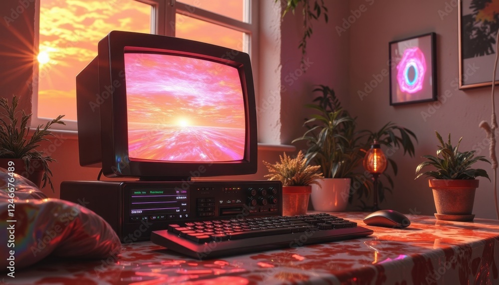 Retro computer scene with old CRT monitor, sunset view through the ...