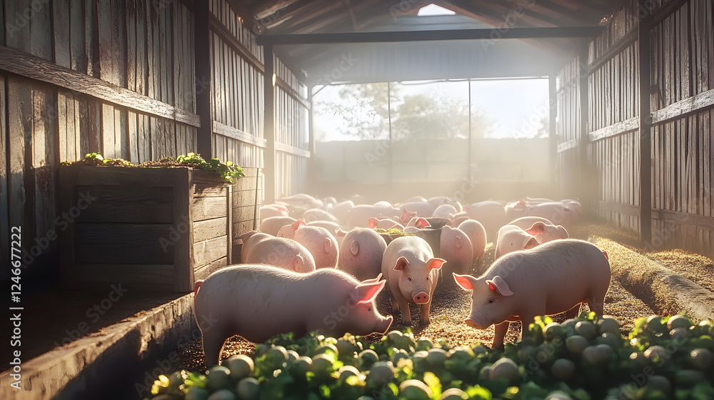 Agricultural Crops: Pigs in pig farms still eat from troughs. Food in ...