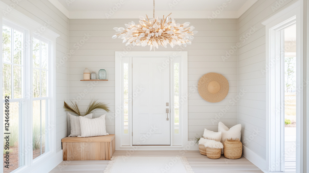 bright and airy entryway featuring stylish chandelier, wooden bench ...