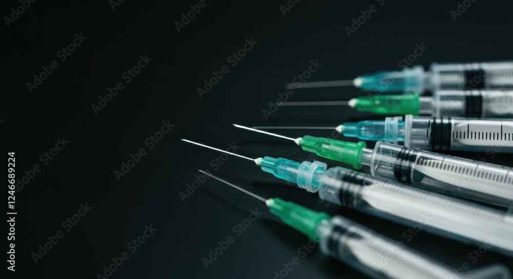 Close-up of multiple syringes lined up, showcasing their sharp needles ...