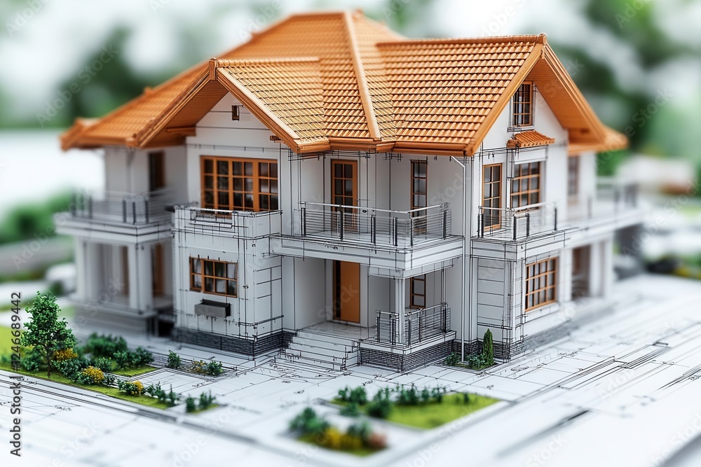 professional architectural blueprint layout with 3d house construction ...