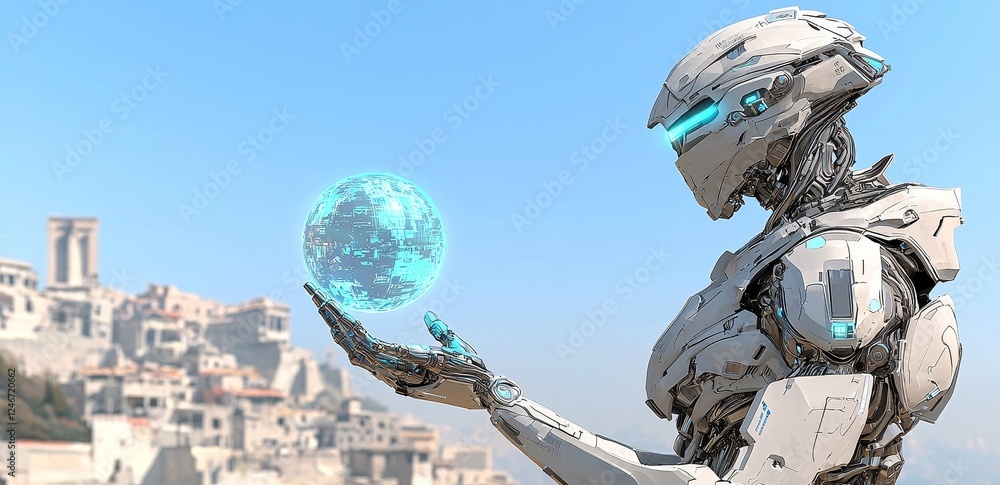 A white robot generating renewable and sustainable eco-energy with an ...