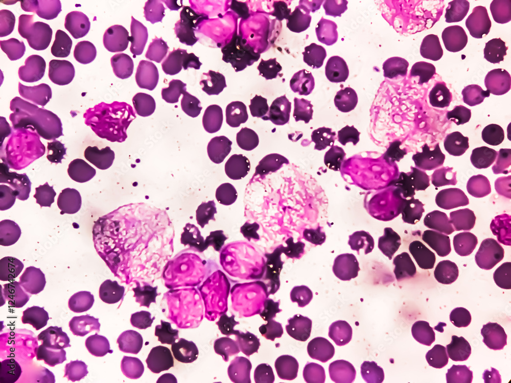 Blood cancer. Photomicrograph of Acute Myeloblastic Leukemia or AML. A ...