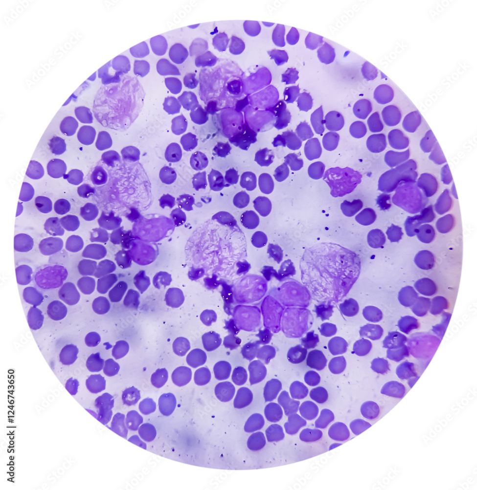Blood cancer. Photomicrograph of Acute Myeloblastic Leukemia or AML. A ...