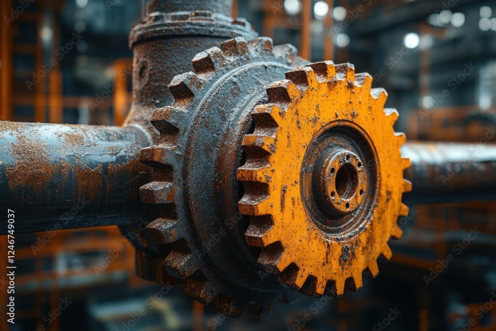 rusted gears of heavy machinery in a dimly lit industrial setting ...