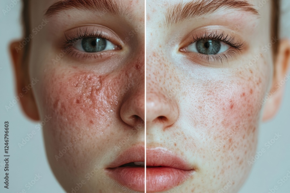 Split face comparison highlighting acne and redness on one side versus ...