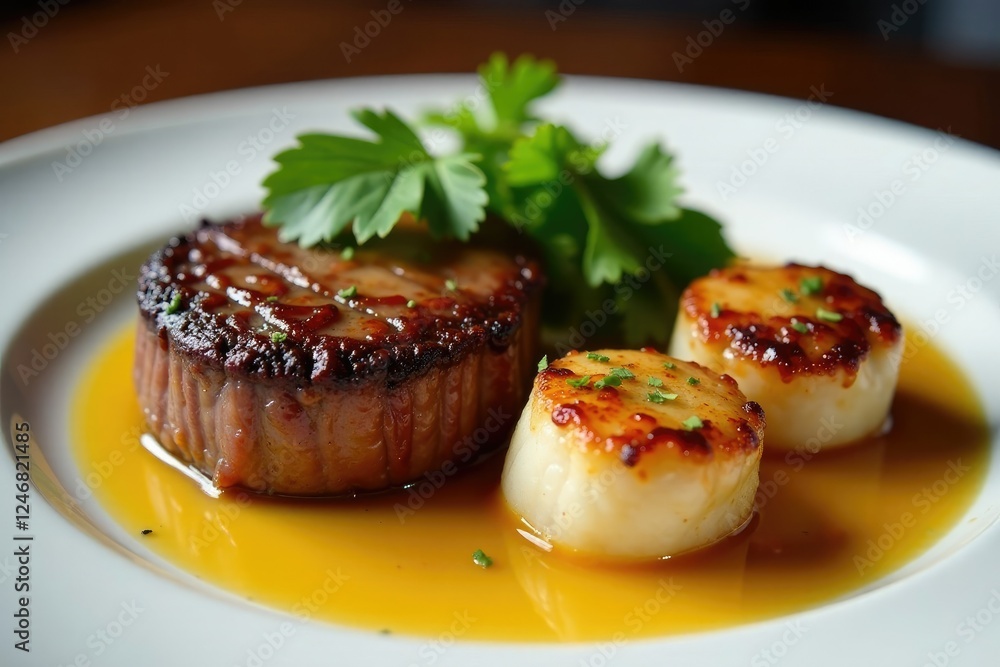 Pan-seared filet mignon with seared scallops and garlic butter sauce ...