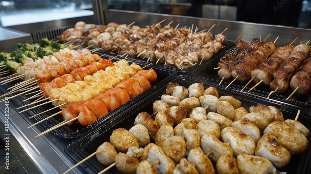 variety of food items on skewers at a street food stall. There are ...
