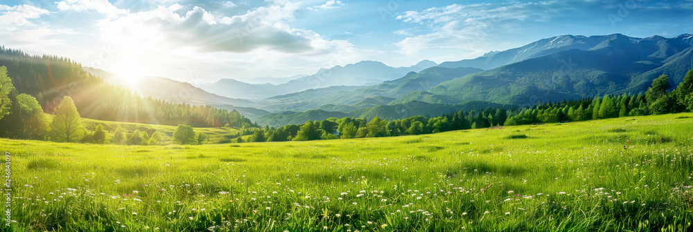Spring green meadow with wild flowers, glass field with flowers in ...