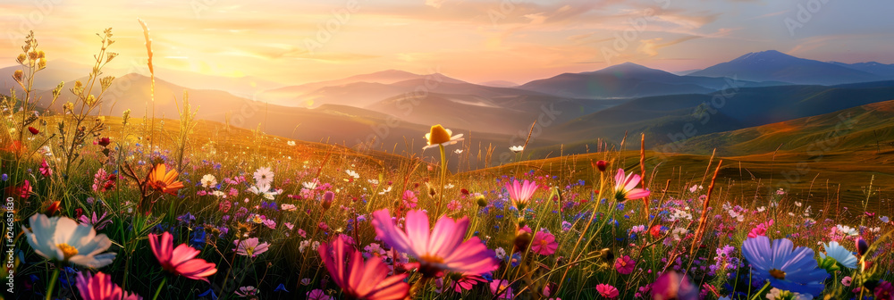 Spring green meadow with wild flowers, glass field with flowers in ...