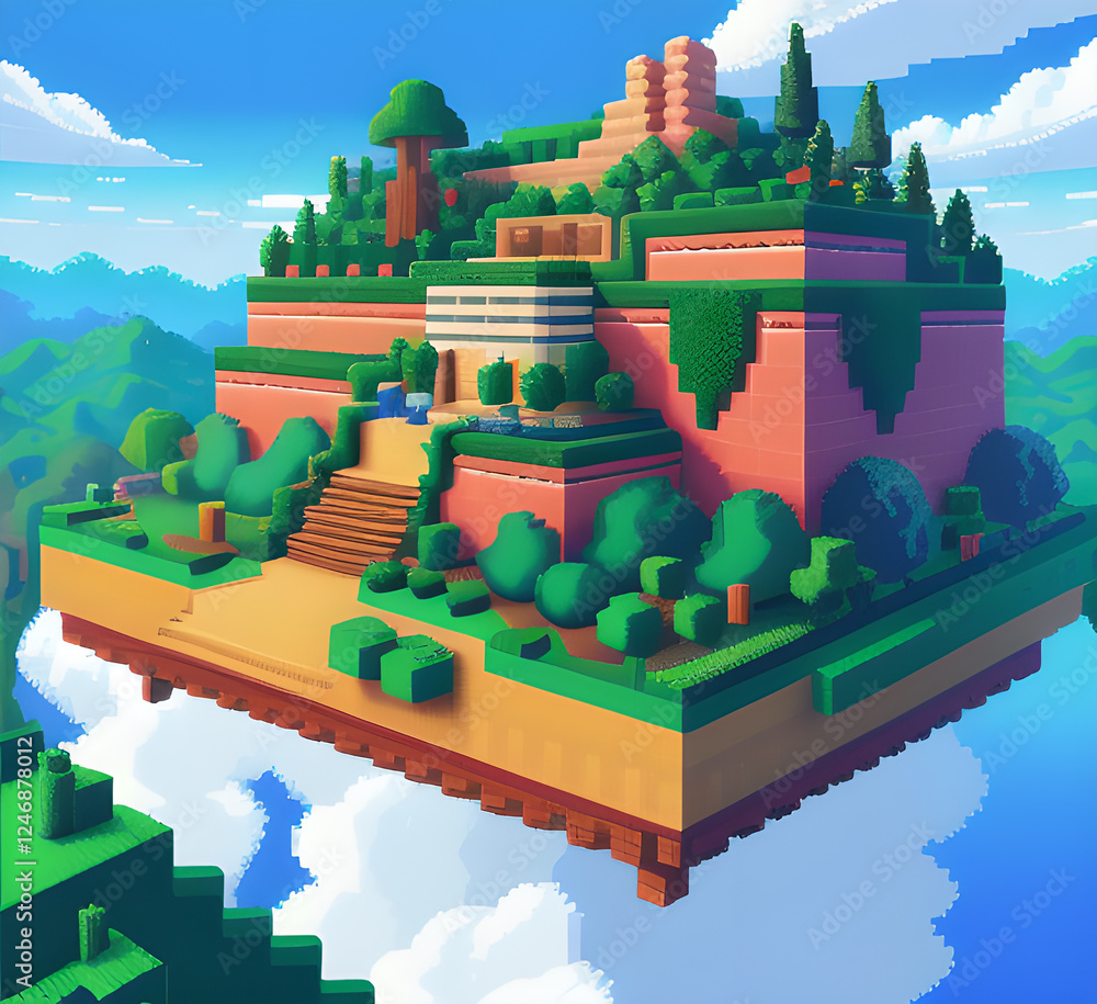 8 bit pixel art arcade game prehistoric waterfall cascade and mountains ...