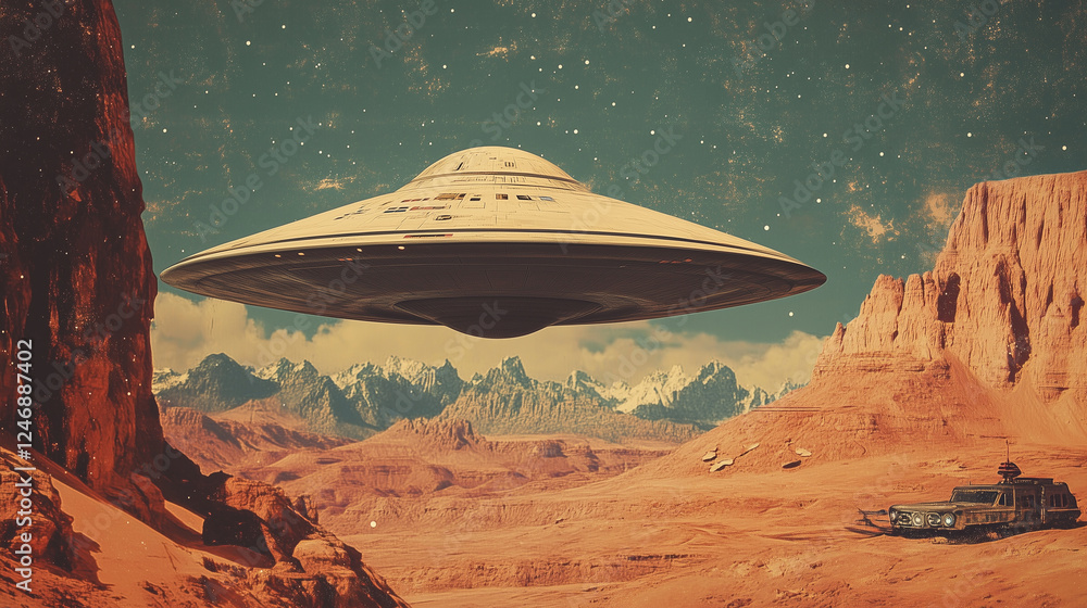 Retro Sci-Fi UFO with a Beam of Light – Poster 50s, Perfect for Vintage ...