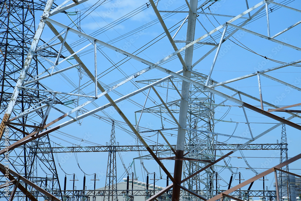 High voltage power line tower. High voltage transmission system. The ...