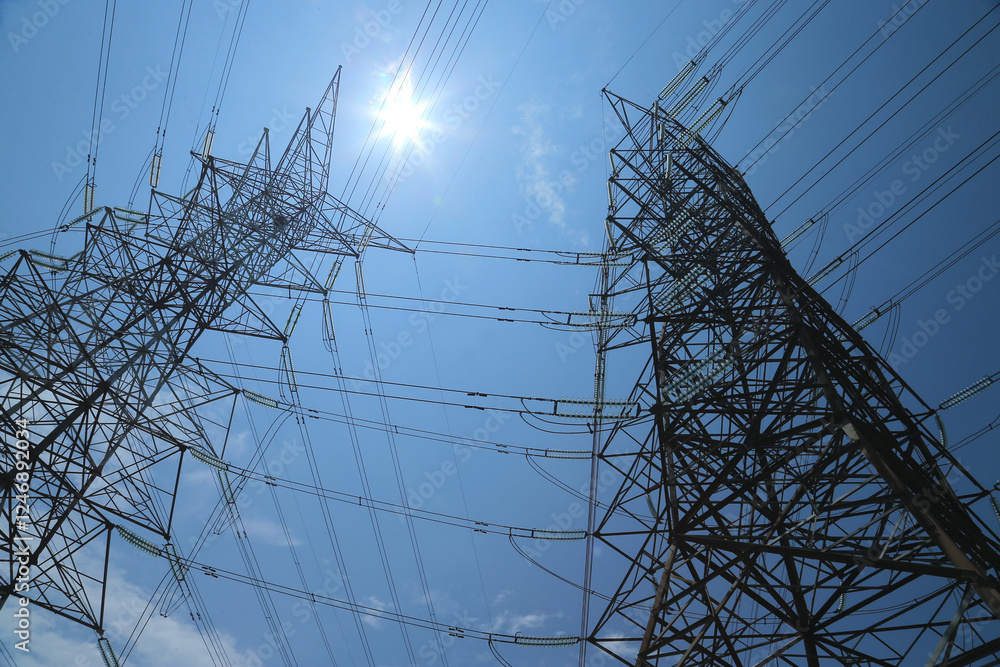 High voltage power line tower. High voltage transmission system. The ...