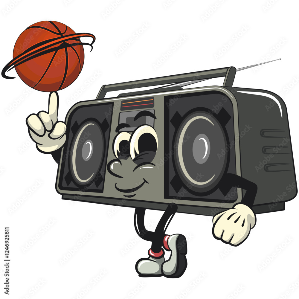 Cartoon retro groovy tape recorder boombox character spin the ...