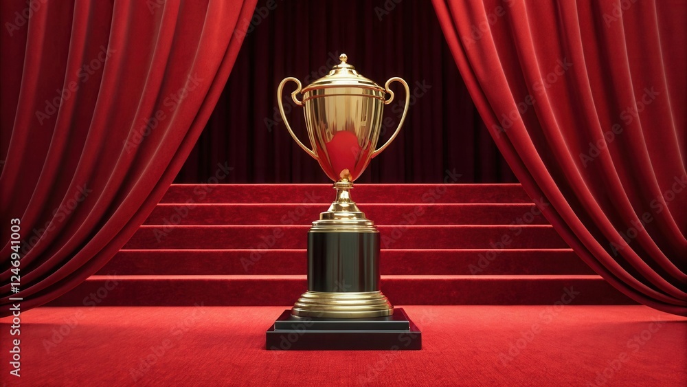 Gold trophy cup on theater stage with red curtain background. Concept ...