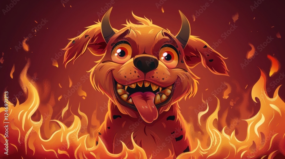 Cartoon dog face with devil horns, fiery background with flames Stock ...