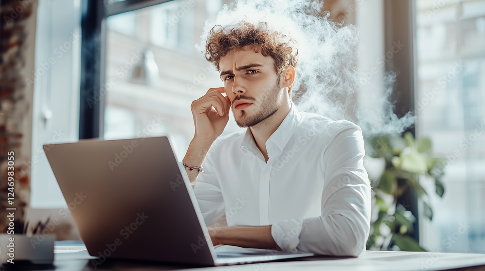 Overworked Person, Businessman, Student Using Laptop, Surrounded by ...