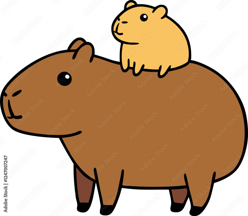 Cute baby capybara sitting on mother capybara's back on transparent ...