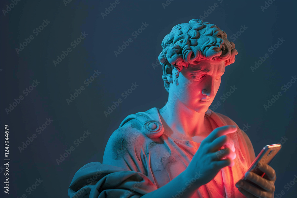 Statue of a Greek god scrolling a phone on a blue background. Concept ...