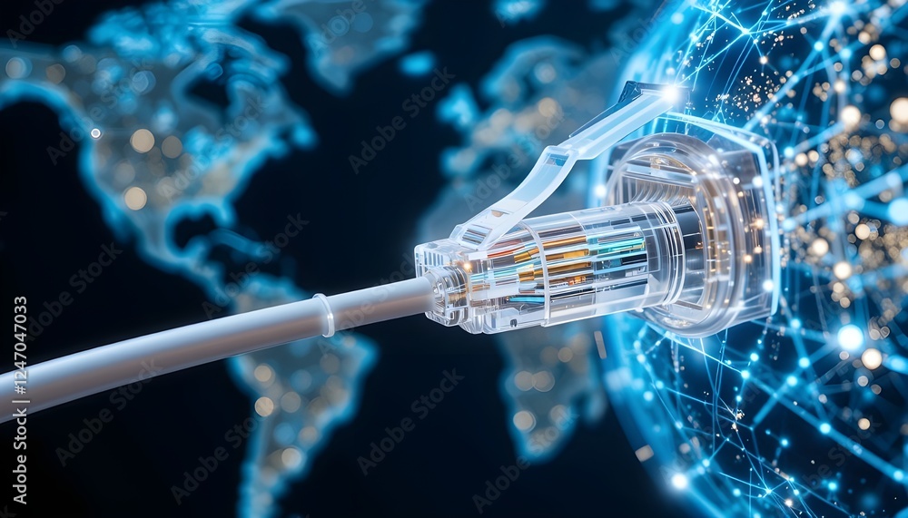 High-detail 3D illustration; network connection; globe; RJ45 jack ...