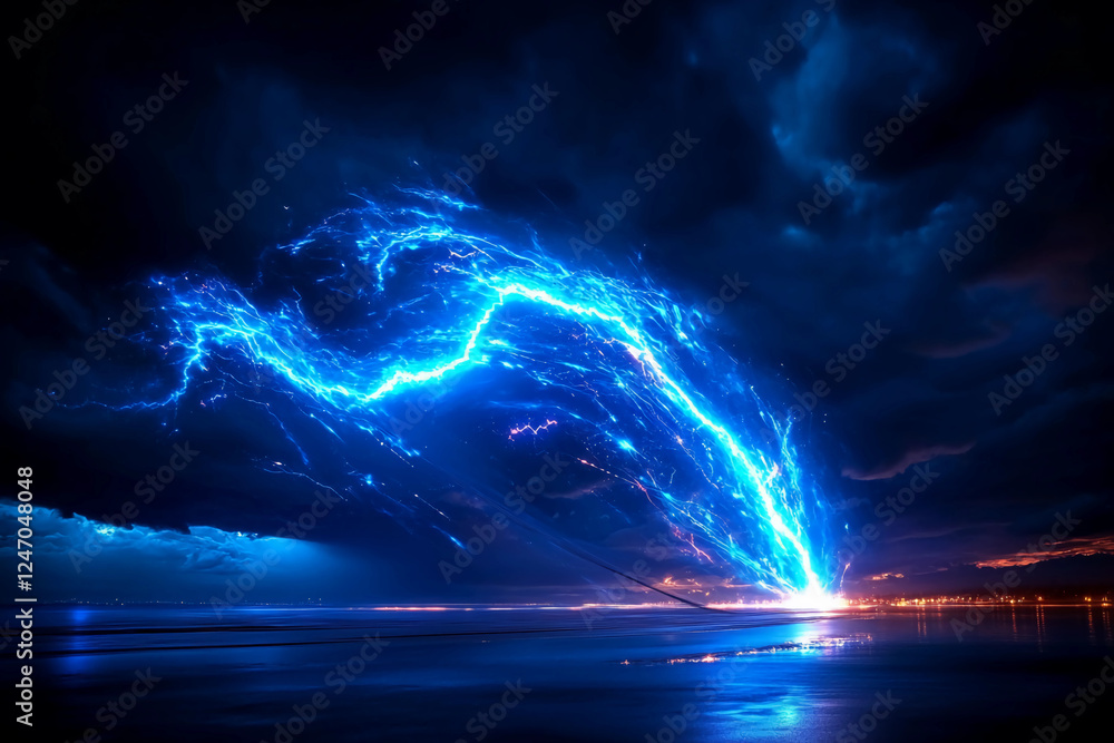 Electrifying blue sparks connecting high-voltage power lines, creating ...