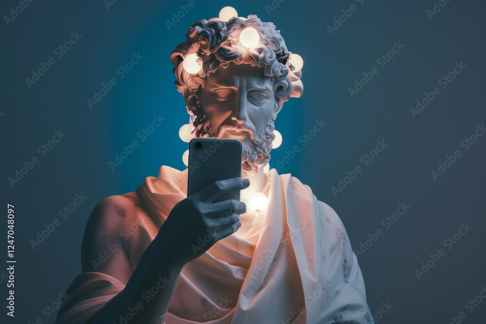 Statue of a Greek god scrolling a phone on a blue background. Concept ...