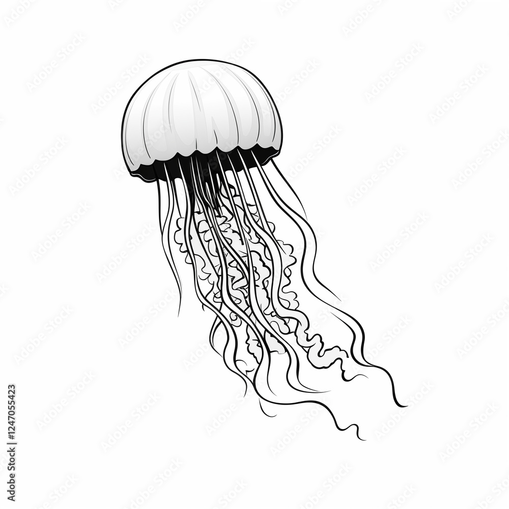 Medusa, jellyfish, side view, icon, one, simple black and white sketch ...