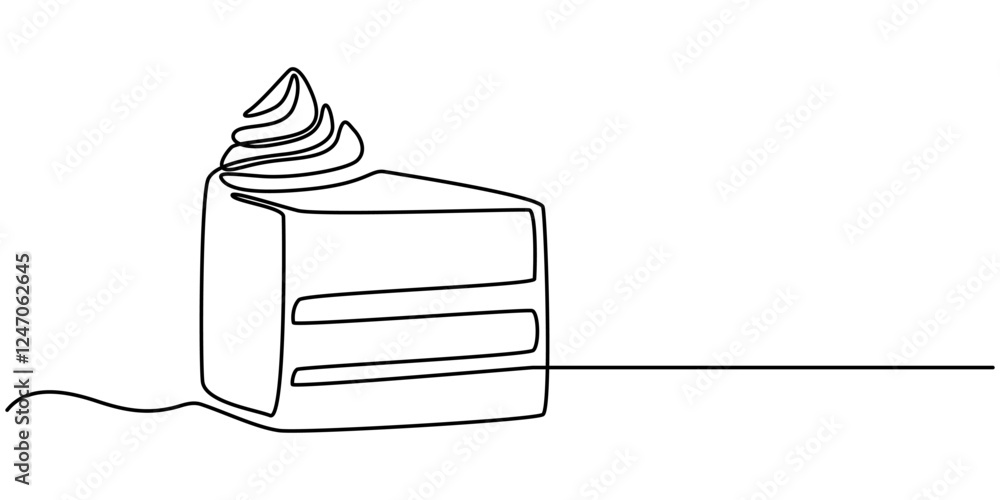 Cake Slice with Whipped Topping continuous one line drawing, Single one ...