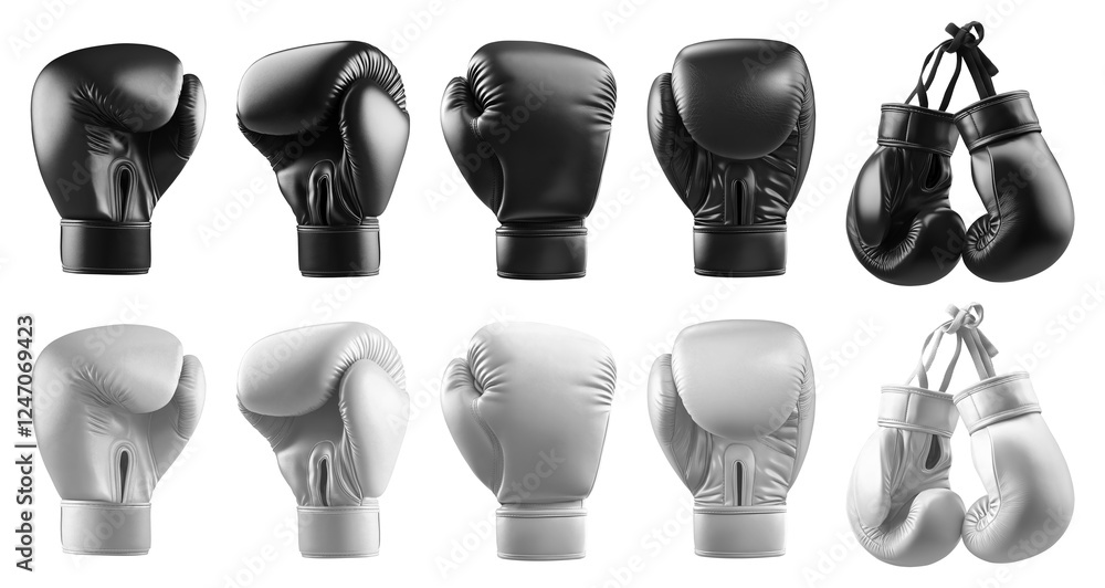 2 Set of white black boxing leather gloves, front back side, hanging ...