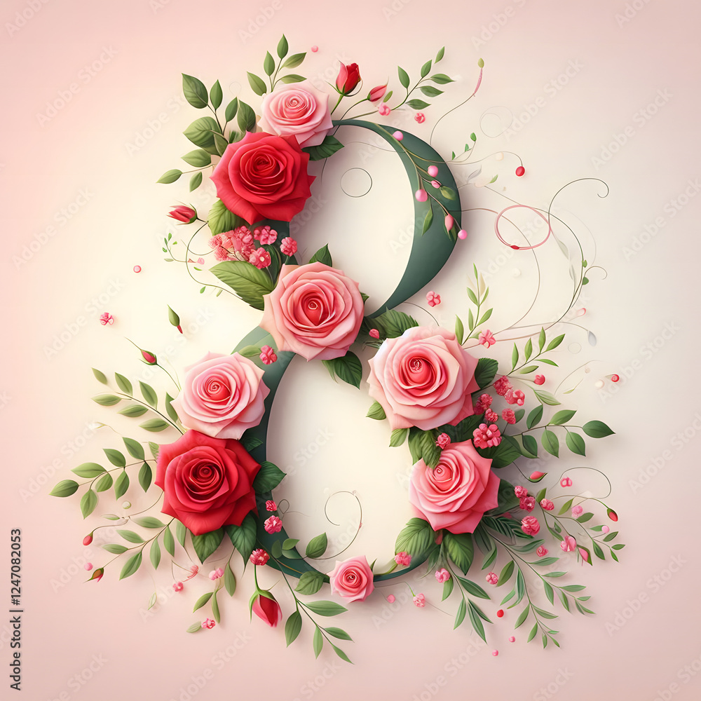 Beautiful number eight wrapped in roses and floral elements on soft ...