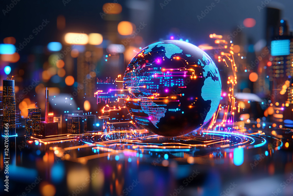 Holographic Globe Rotating with Animated Continents and Data Streams, Representing Global ...