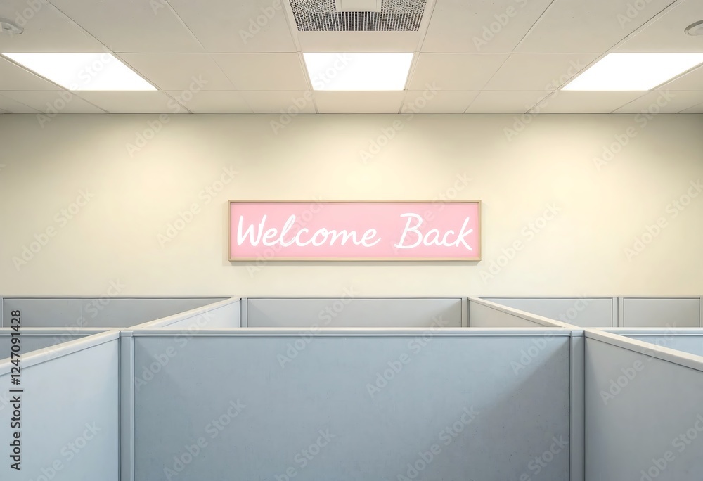 A beige office cubicle with a pink 'Welcome Back' sign symbolizes ...