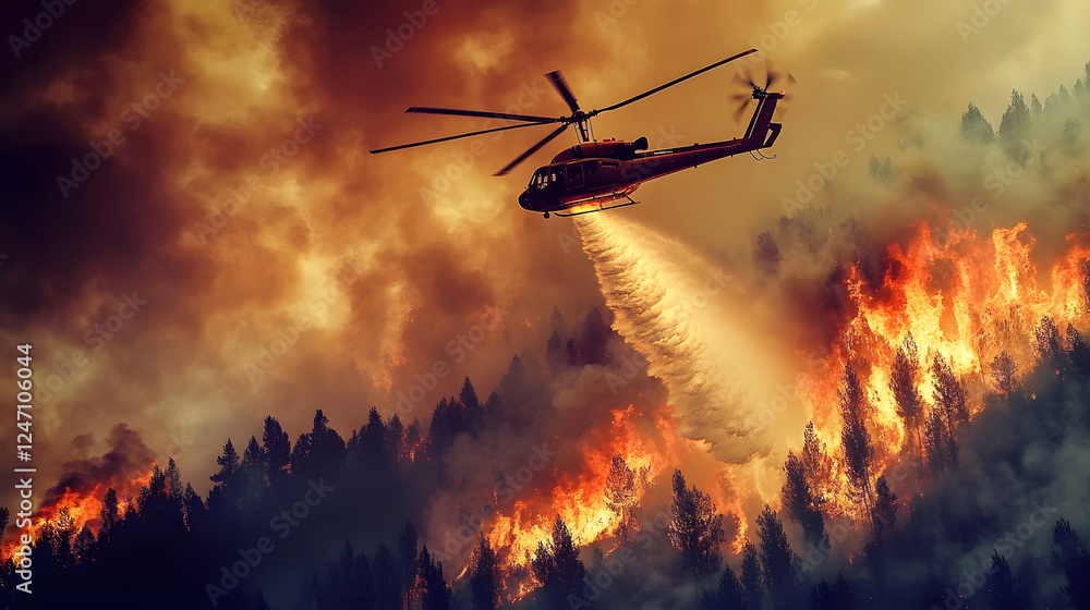 A fire helicopter drops water over a raging forest fire, highlighting ...