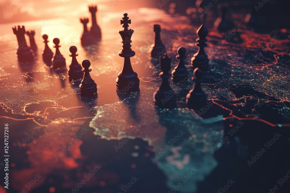 Strategic analysis concept featuring chess pieces on a world map with ...
