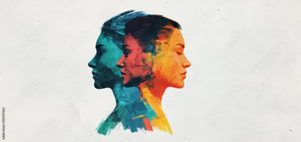 Artistic composition of multiple faces forming a human head profile ...