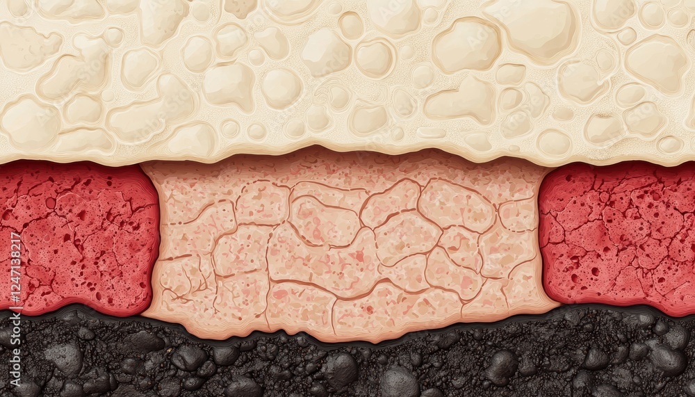 Dermatological illustration of skin structure, depicting surface dead ...