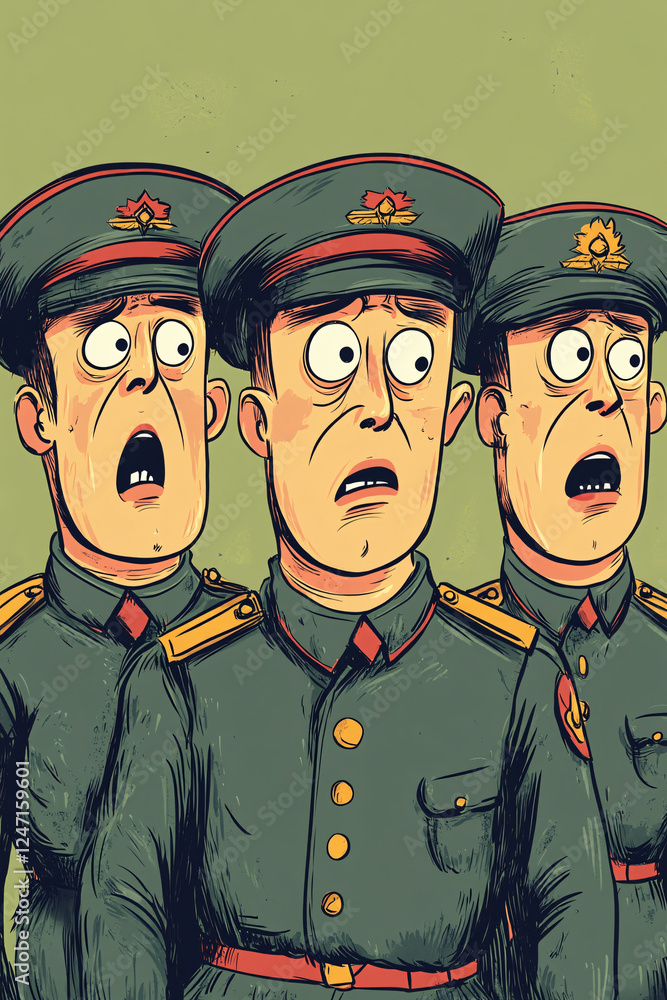 Cartoon Illustration of Military Soldiers with Confused Expressions ...