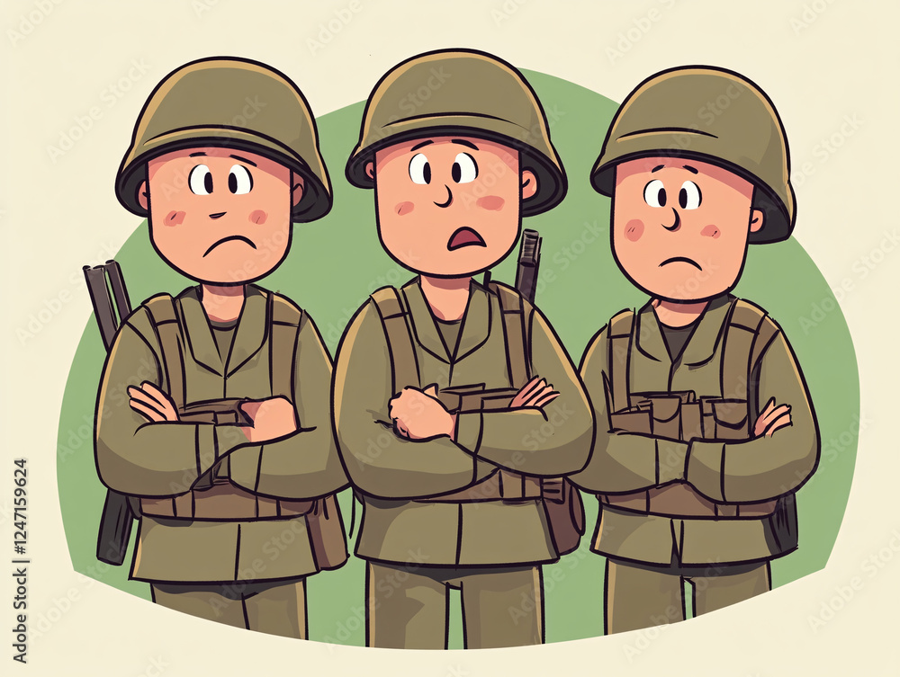 Cartoon Illustration of Military Soldiers with Confused Expressions ...