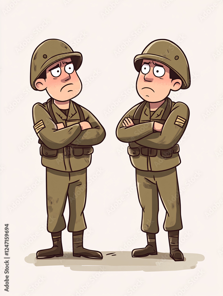 Cartoon Illustration of Military Soldiers with Confused Expressions ...
