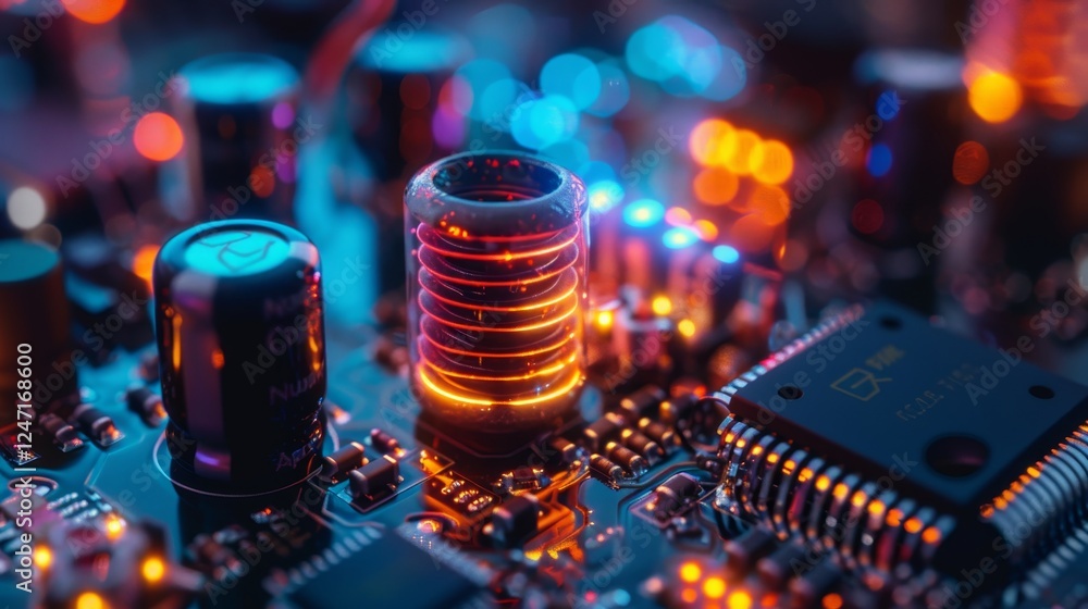 Toroidal core inductor with copper wire on pcb surrounded by capacitors ...