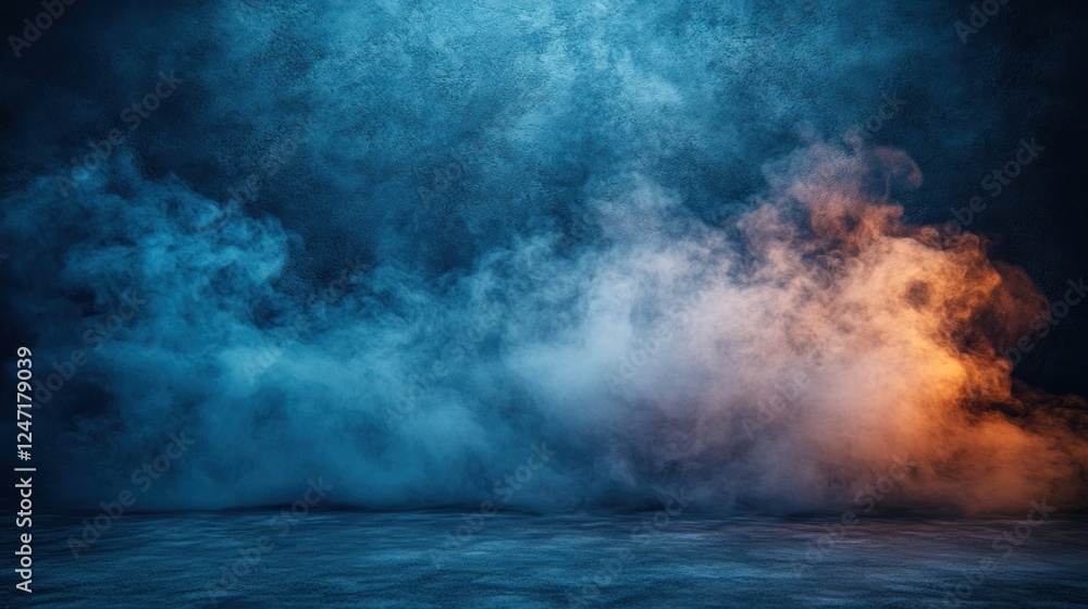 Smoky studio backdrop, blue orange haze, dark floor, product display ...