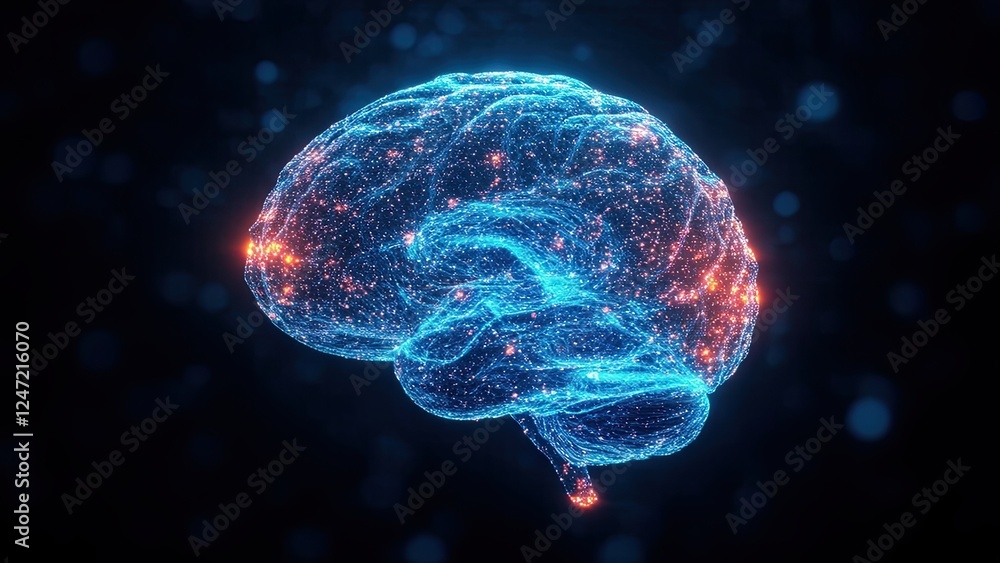 Digital representation of a brain illuminated with vibrant colors showcasing neural connections ...