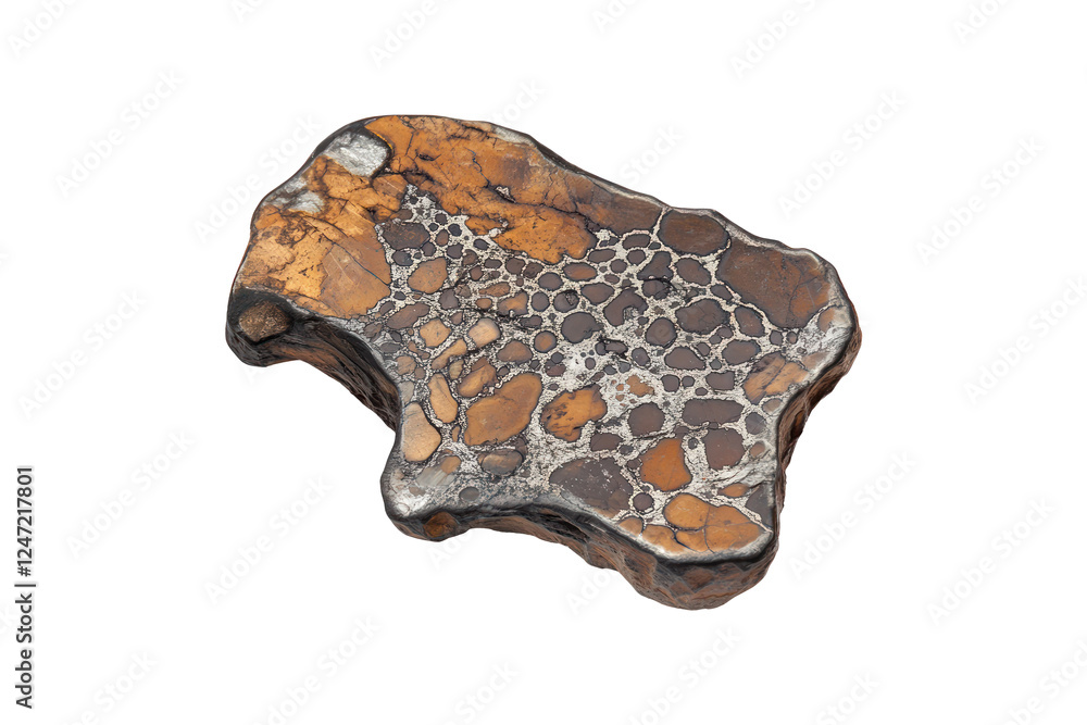 This image shows a cut and polished pallasite meteorite, revealing ...