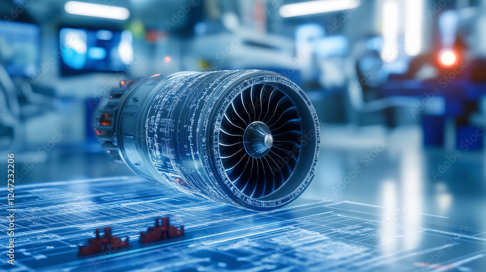 A jet engine component carefully positioned on an aviation blueprint ...